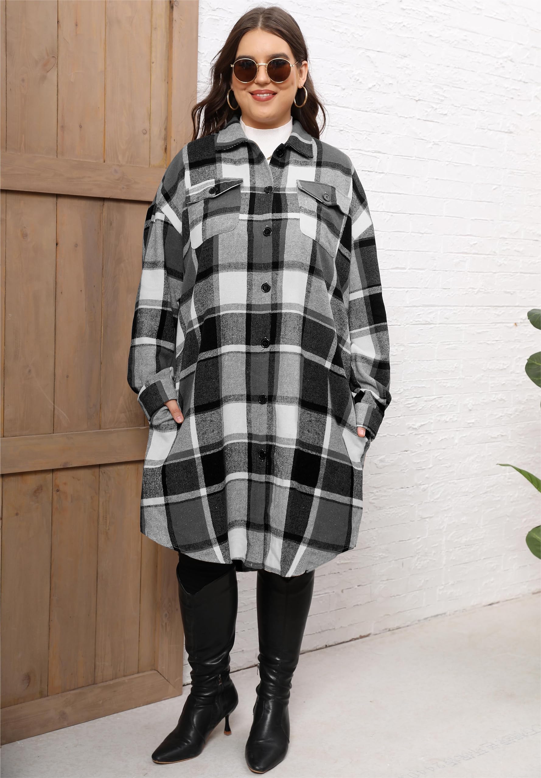ZAAYO Plus Size Shacket Jacket for Women 2023 Flannel Plaid Long Shirts Long Sleeve Fall Tartan Winter Trench Coats with Pockets