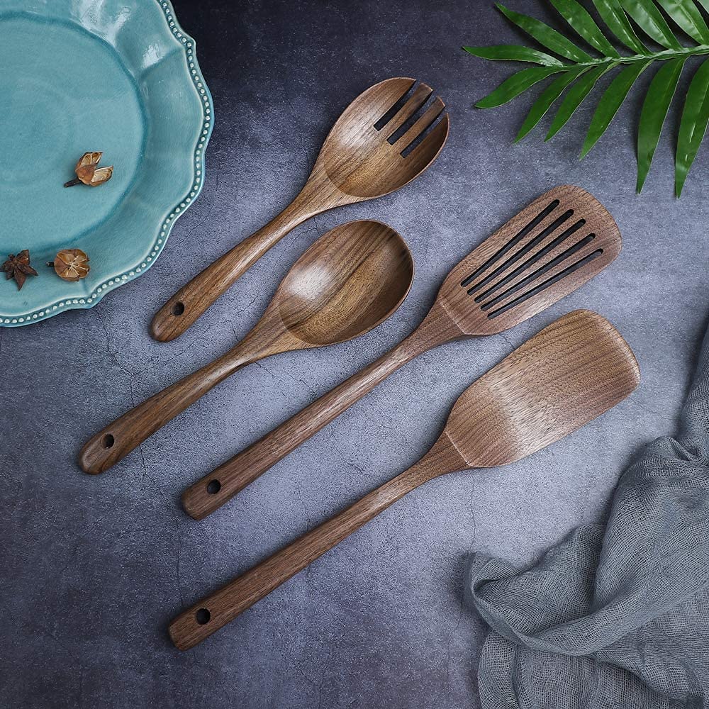 Wooden Spoons Spatula for Cooking,Walnut Wooden Kitchen Cooking Utensil Set 4 Pcs Cookware Household Shovel Spoon Fork Cooking Set Handmade Kitchen Tableware
