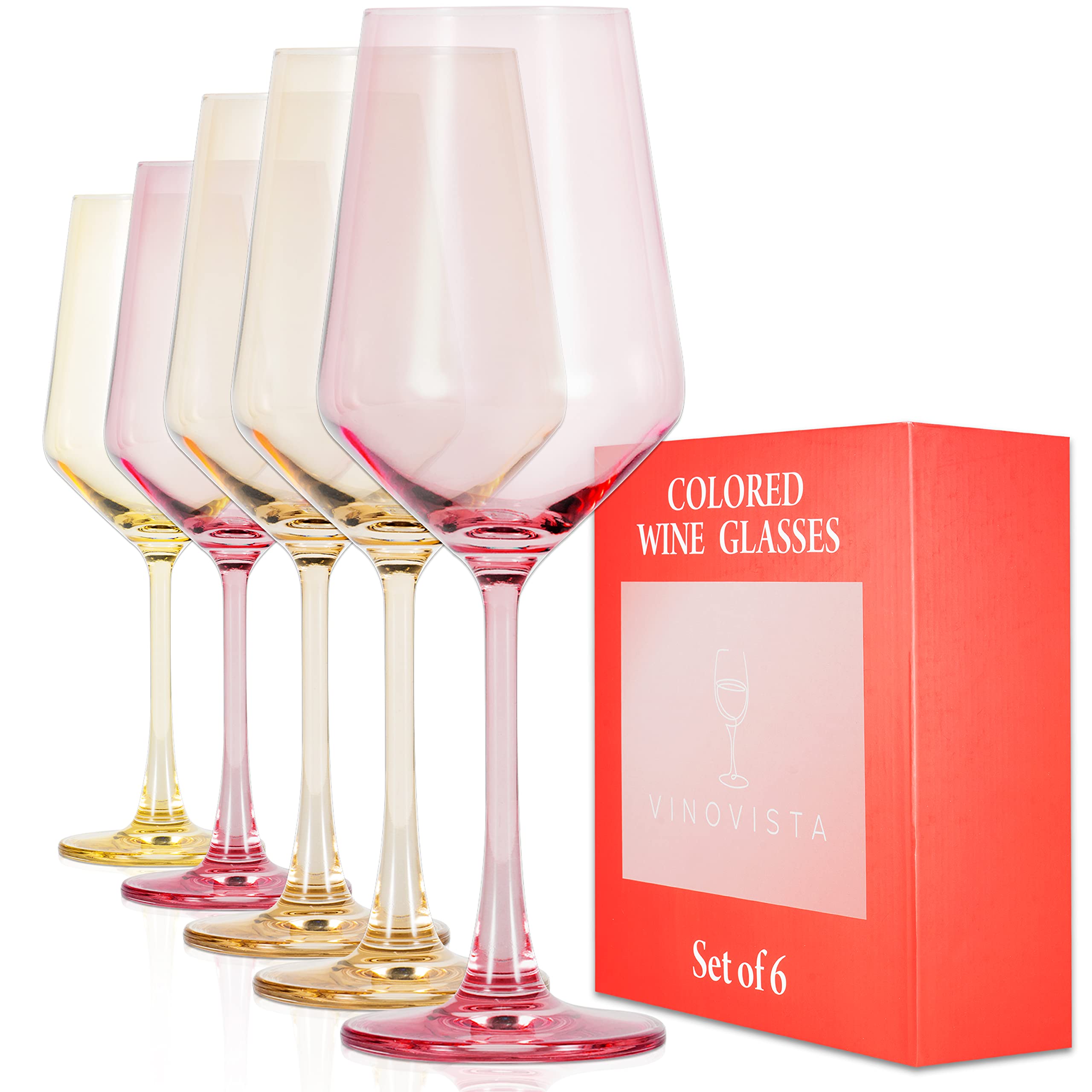 VinoVista Colored Wine Glasses - Rose Gold Theme - Set of 6 (Rose Gold Theme)