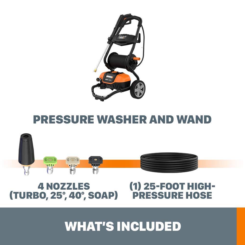 WORX WG604 1600 Max PSI 13A Pressure Washer with Rolling Cart, Black and Orange