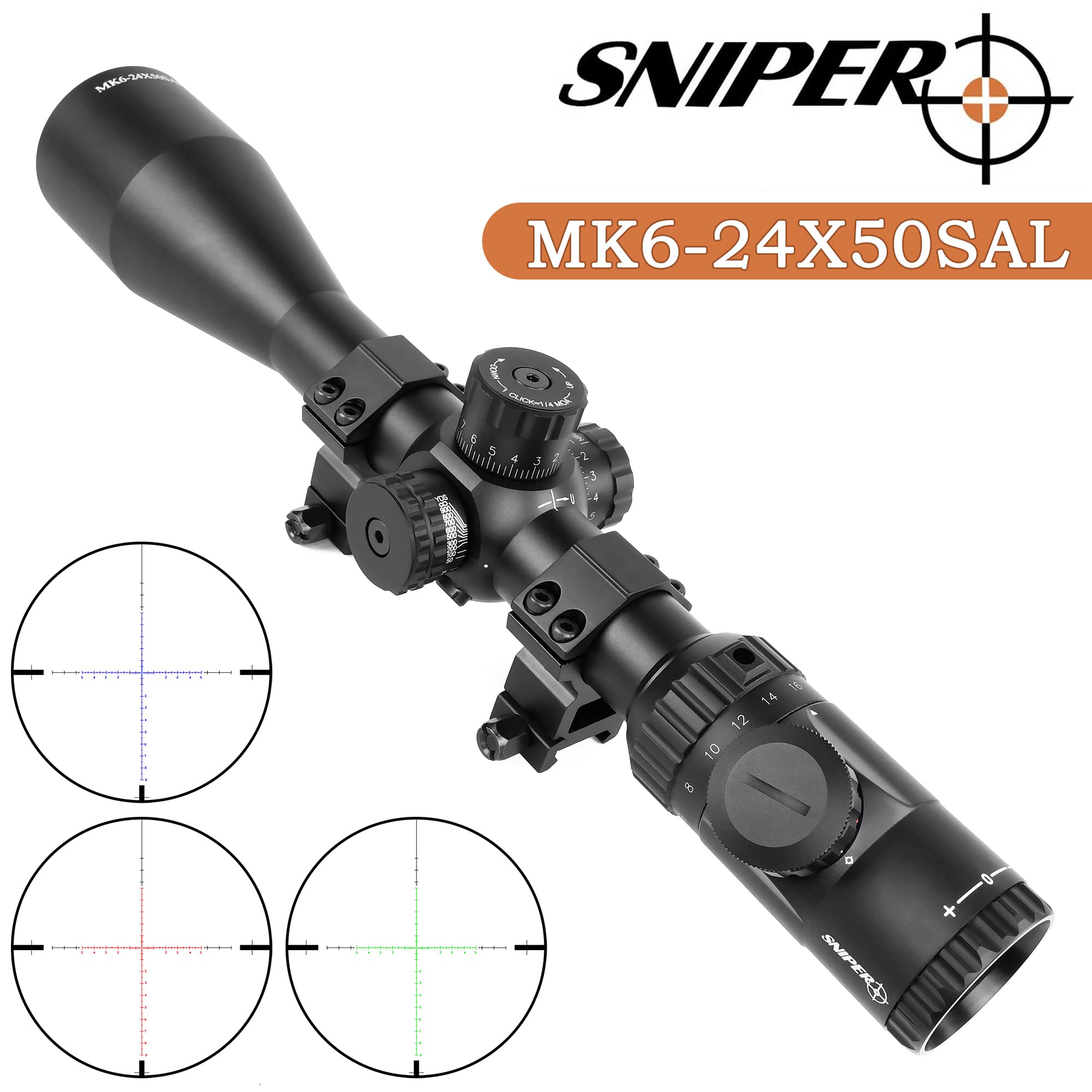 Sniper MK6-24x50 SAL Second Focal Plane Hunting Rifle Scope 30mm Tube Red/Green/Blue Illuminated Etched Glass Reticle Riflescope