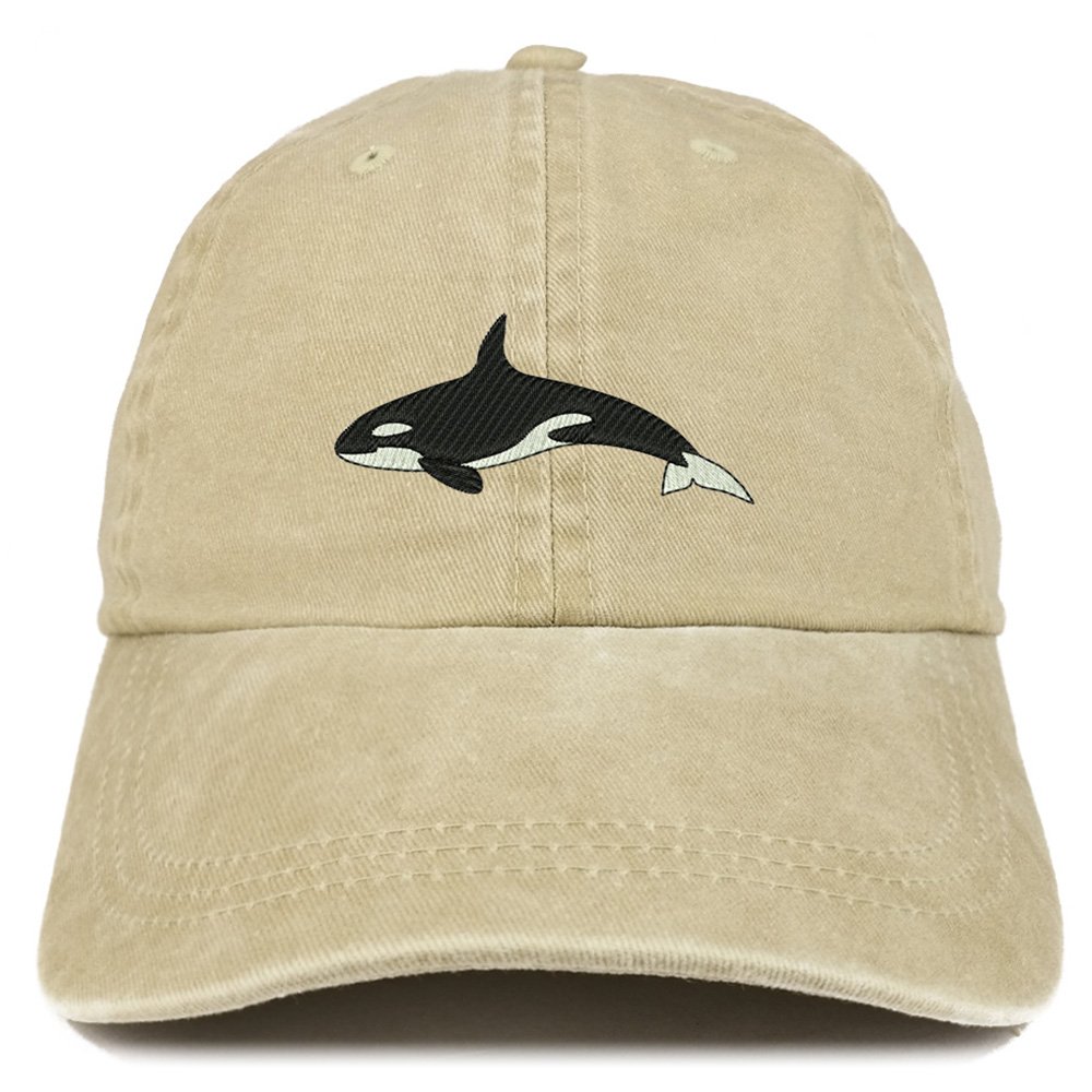 Trendy Apparel Shop Orca Killer Whale Embroidered Pigment Dyed 100% Cotton Cap - Khaki