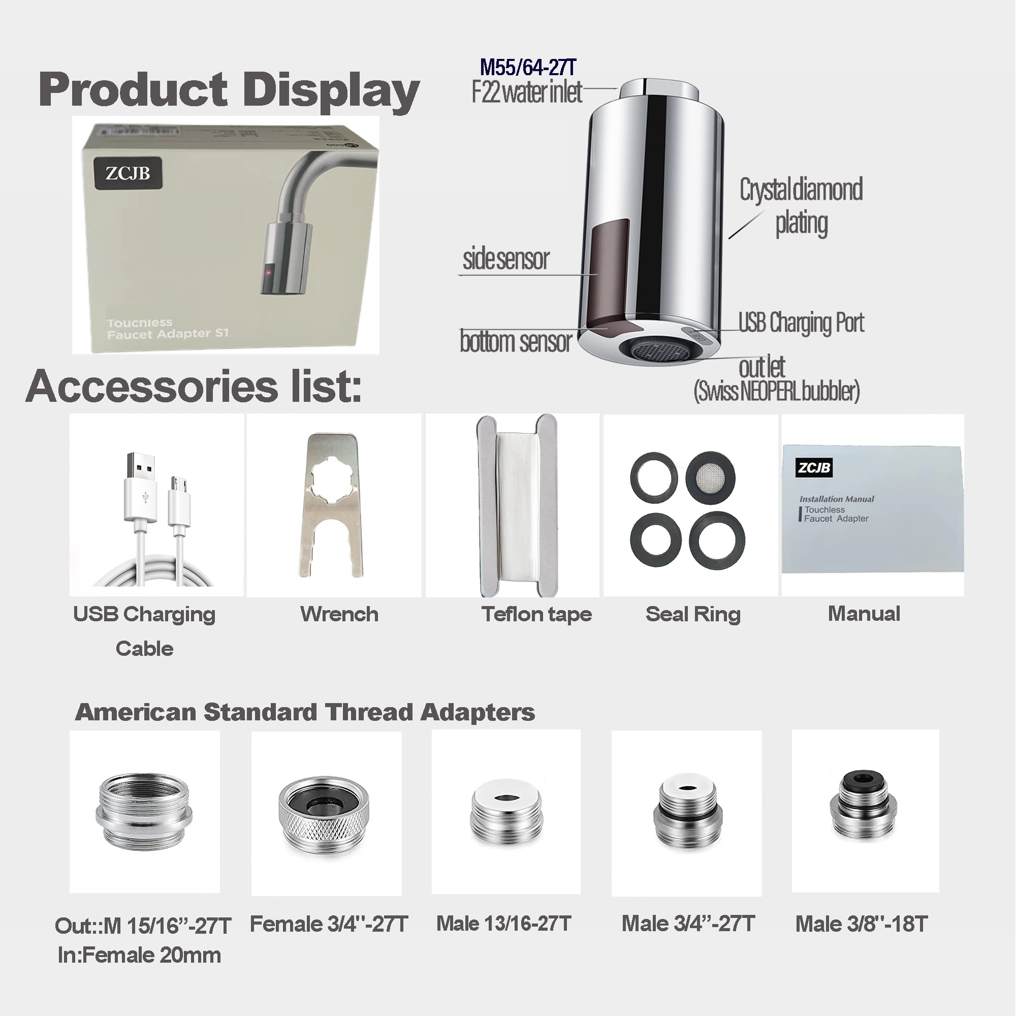 ZCJB Touchless Faucet Adapter for Kitchen Bathroom American Standards Thread First-Class Water Efficiency IPX6 Waterproof
