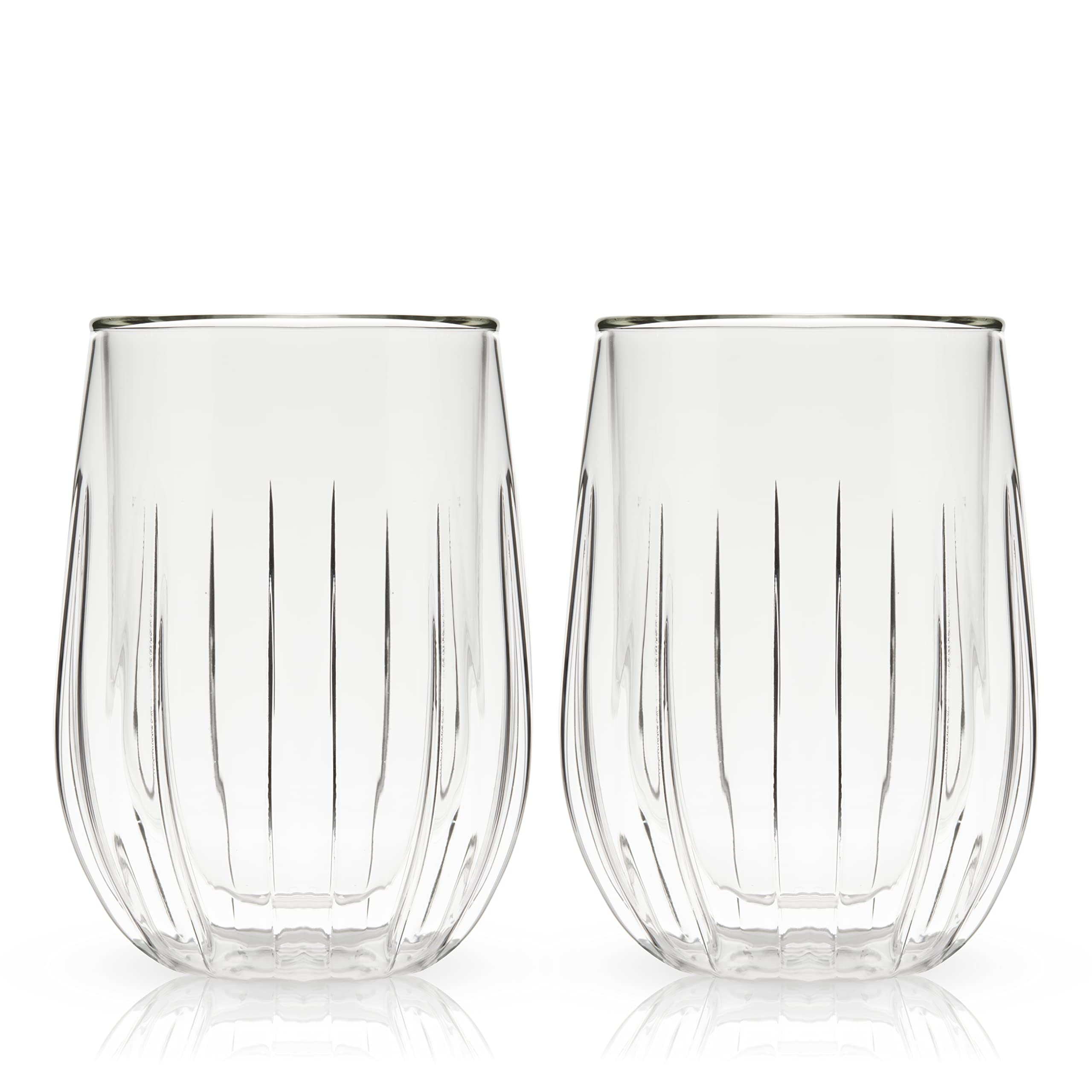 Viski Insulated Double Walled Wine Set with Cut Crystal Design-Dishwasher Safe Borosilicate Glass 13oz Set of 2, Clear