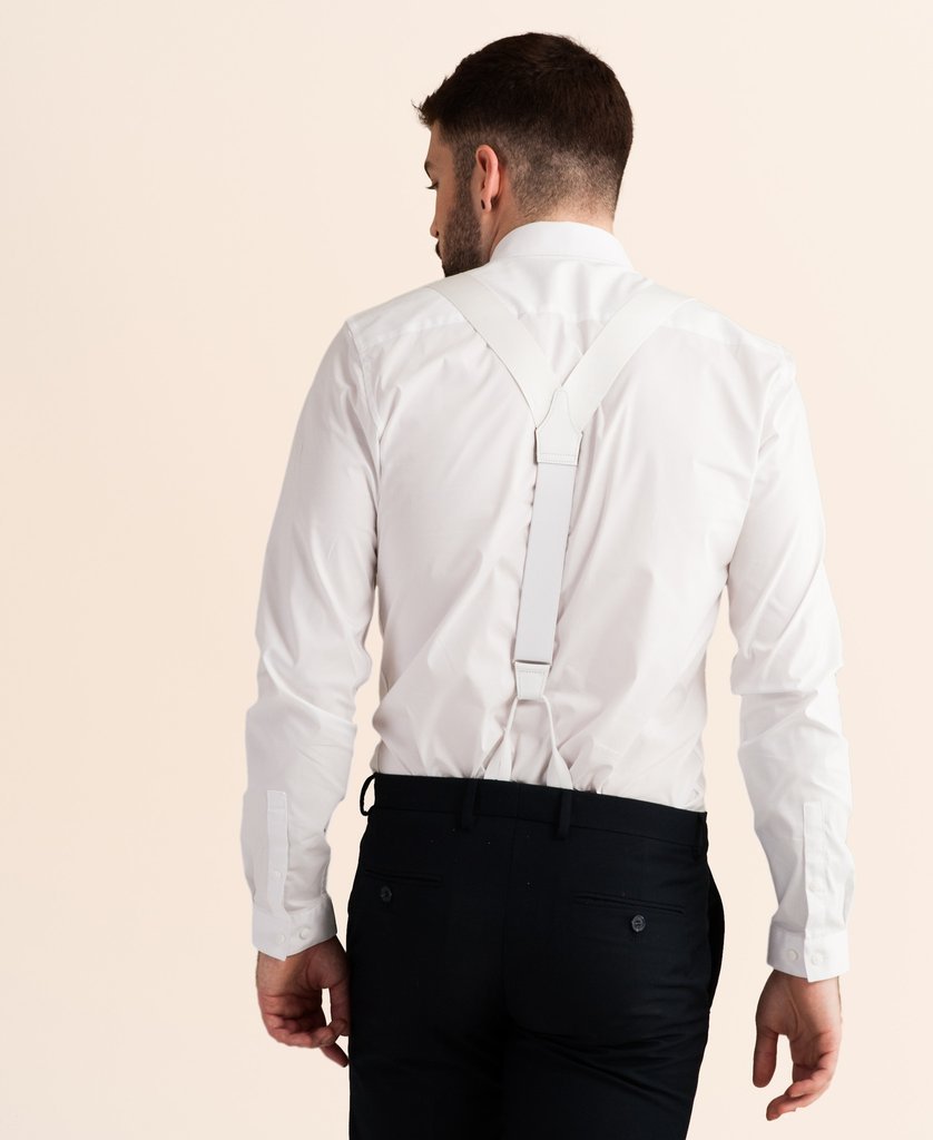 White Suspenders Genuine Leather Clip Suspenders (Button/Clip-on Wide)