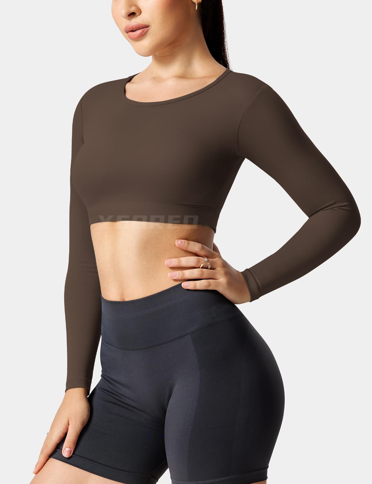 YEOREO Ultimate Workout Crop Tops for Women Long Sleeve Open Back Shirts Padded Bra Backless Yoga Gym Tops Coffee M