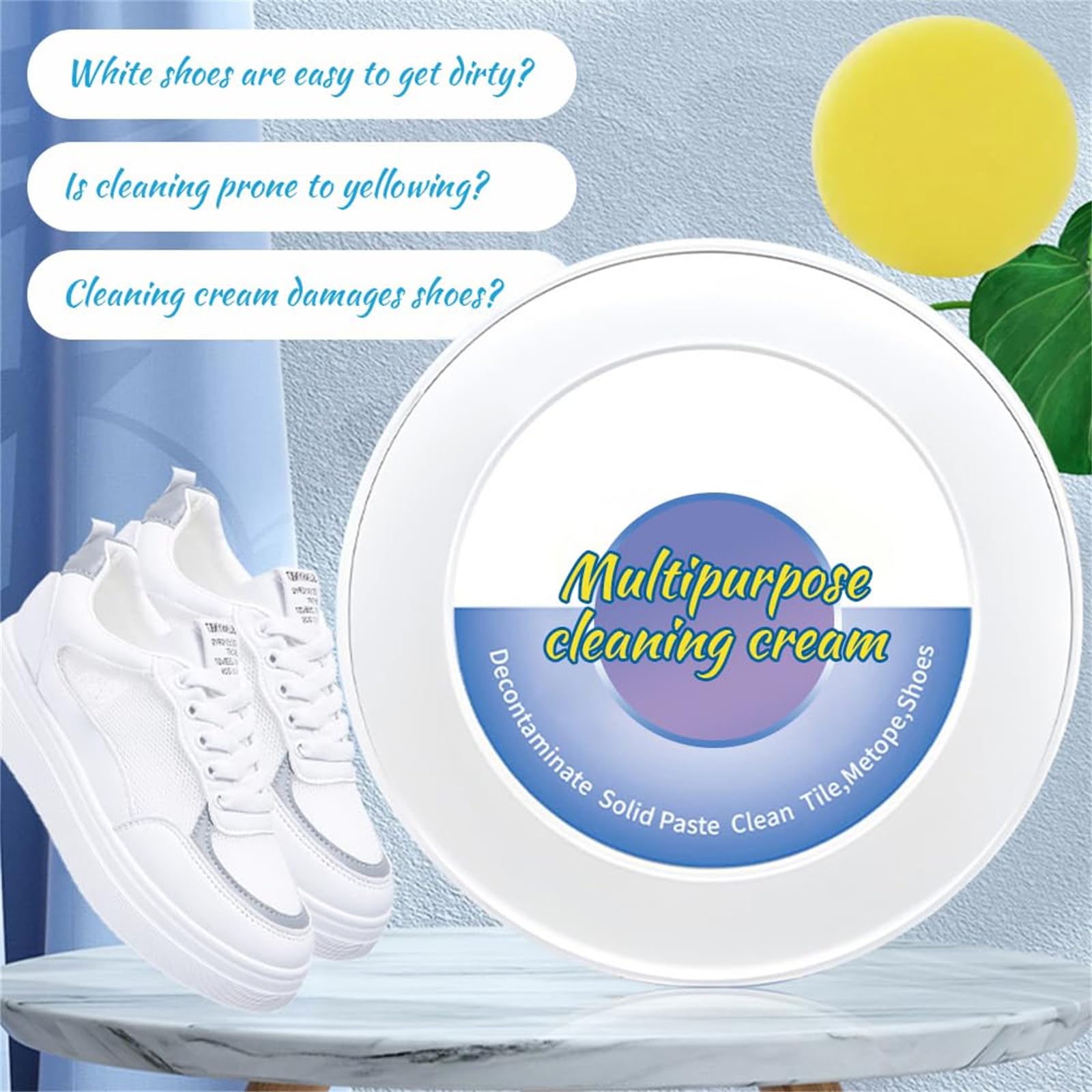 Warn Code Multipurpose Cleaner, Warncode Shoe Cleaner, Warncode Multi-functional Cleaning and Stain Removal Cream, White Shoe Cleaning Cream with Sponge, Decontaminate Solid Paste (1pcs)