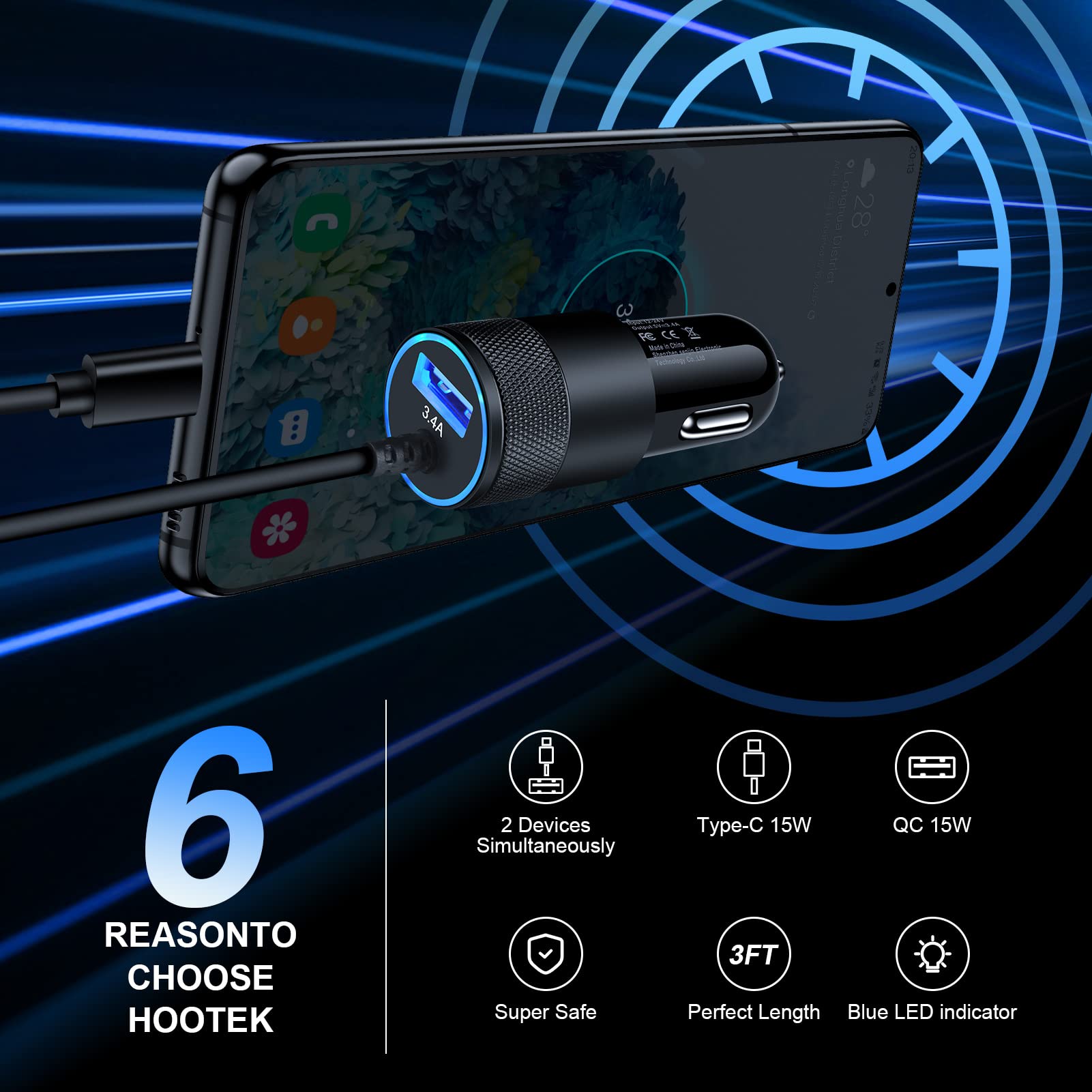 Type C Fast Car Charger for Samsung Galaxy A55/A54/A15/A14/5G/A35/A13/S24/S23 Ultra/S23/S22 Ultra/S22/S21 FE/S20/S10/S9/Plus/A53 5G,3.4A Fast Charging Android Phone Car Charger Adapter 3FT USB C Cable