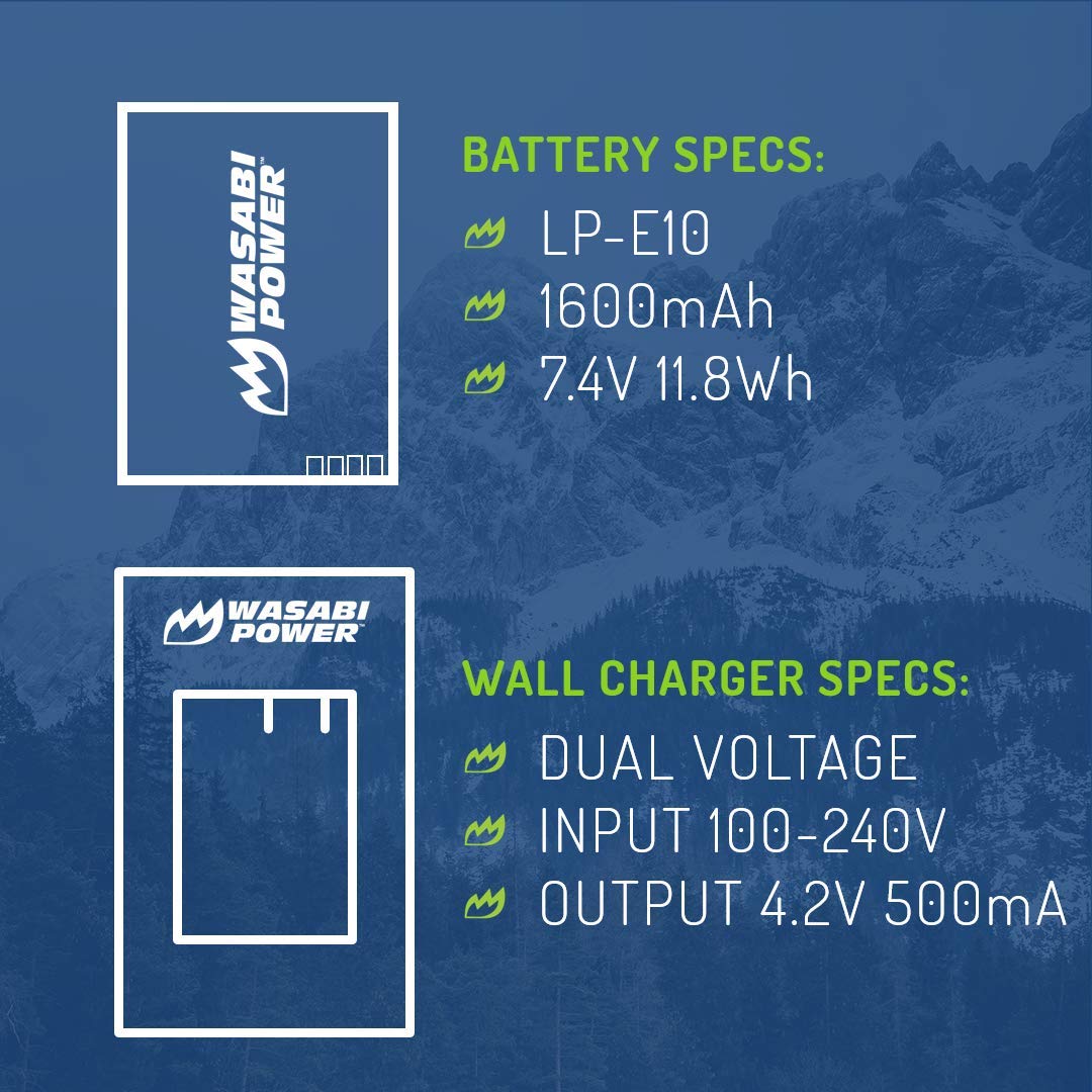 Wasabi Power LP-E10 Battery for Canon EOS Rebel T7, T6, T5, T3, T100 (2-Pack and Charger, 1600mAh)
