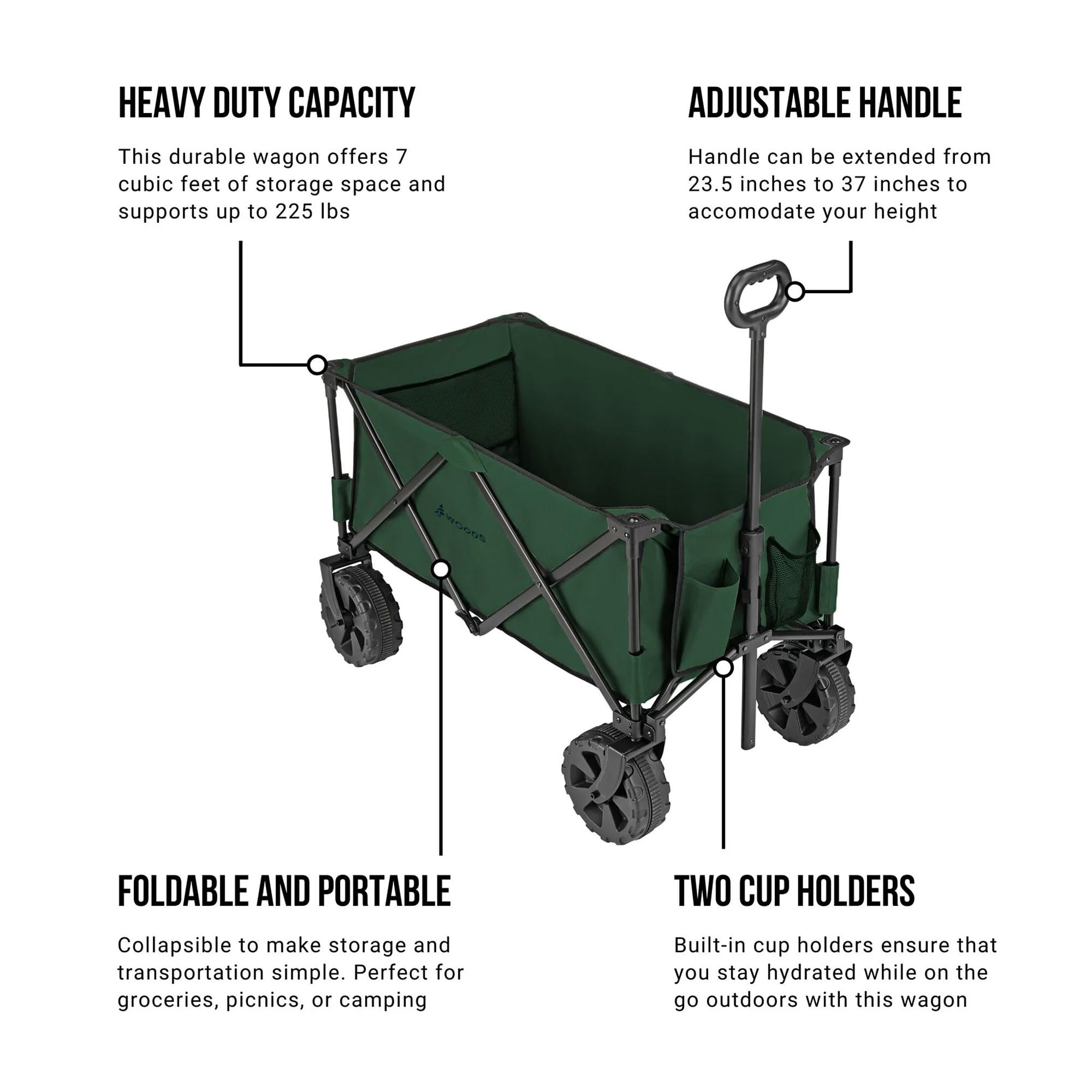 Woods Outdoor Collapsible Folding Garden Utility Wagon Cart w/ 225 Pound Capacity, 7 Cubic Feet of Storage for Camping, Beach, & Park, Green