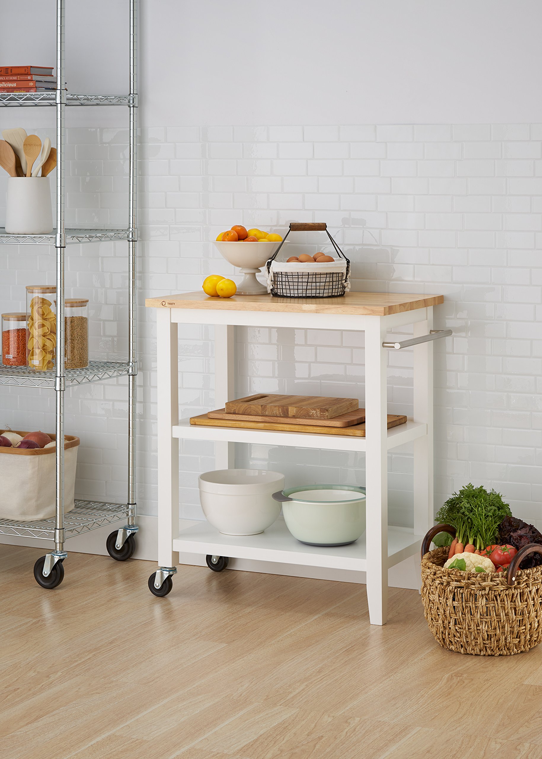 TRINITY 30-Inch Wood Kitchen Coffee Cart with Wheels, Two Shelves, and Rubberwood Work Surface for Kitchen Storage and Food Preparation, 30” W x 18” D x 35” H