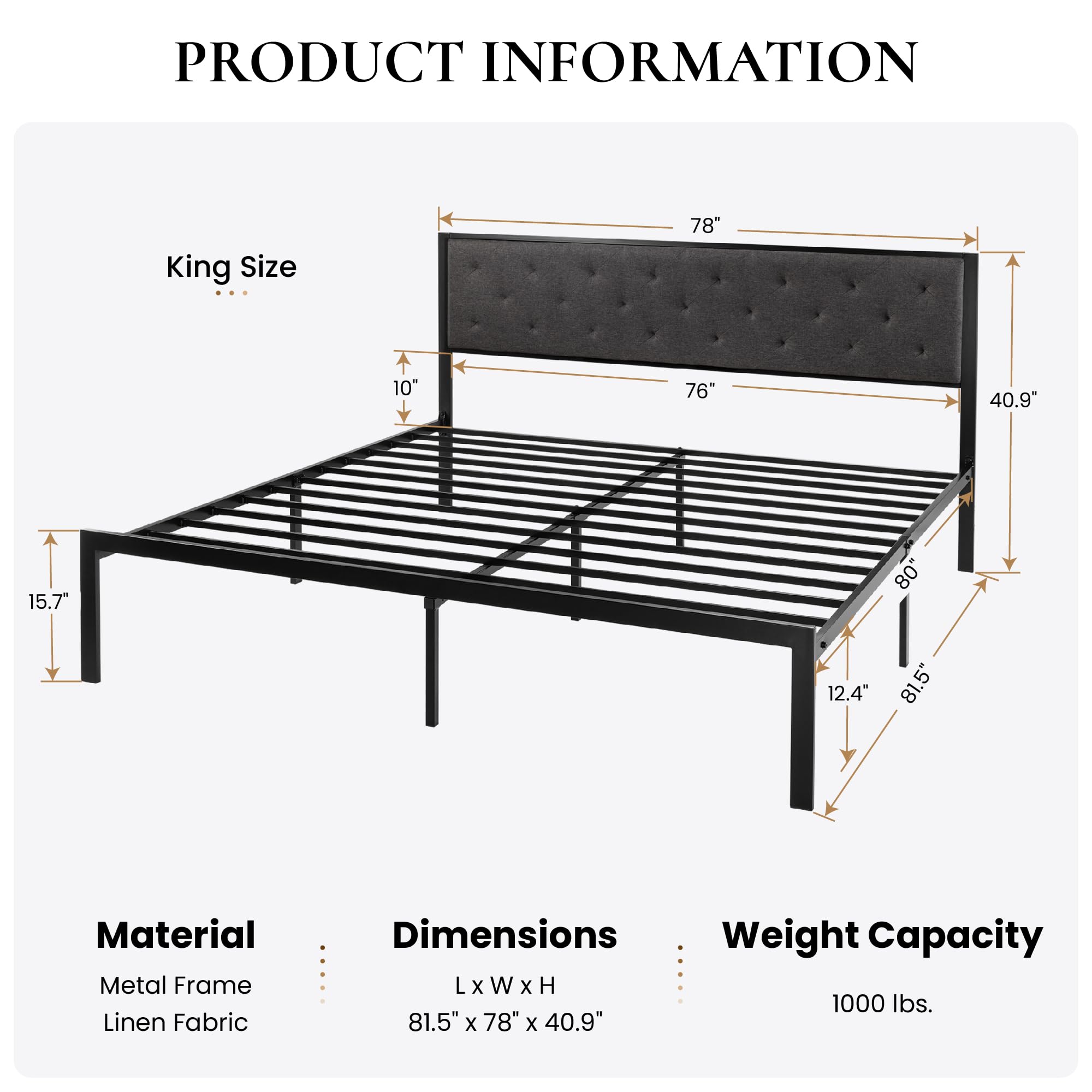 SHA CERLIN King Size Metal Platform Bed Frame with Linen Fabric Upholstered Button Tufted Headboard, Mattress Foundation with 12.4β Storage, No Box Spring Needed, Easy Assembly, Dark Grey