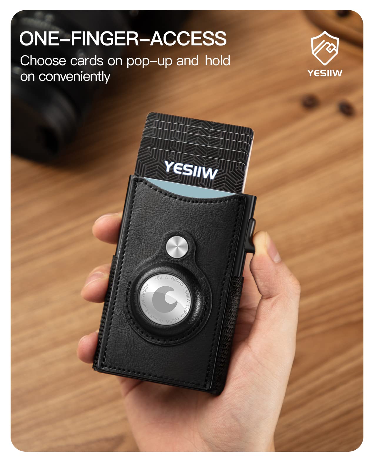 YESIIW AirTag Wallet for Men with Apple Airtag Holder RFID Blocking Slim Pop up Air Tag Credit Card Holder with Elasitc Pocket Smart Leather Wallet with Multi Purpose Survival Tool Black