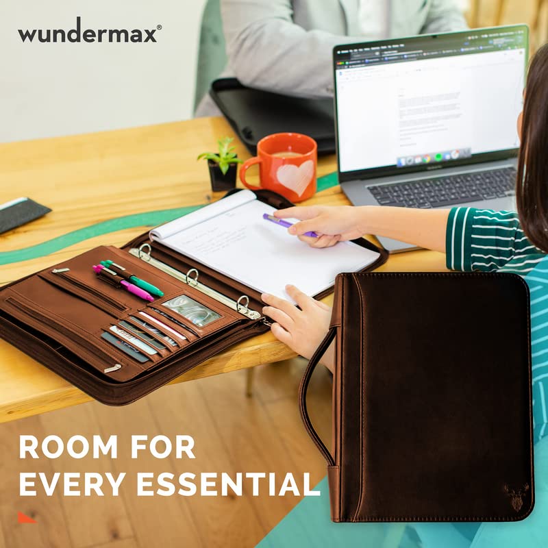 Wundermax 13x10.7x1.9in Vegan Leather Padfolio for Men/Women with Handle, Zipper, Notepad, Detachable Binder, Tablet Pocket - Brown