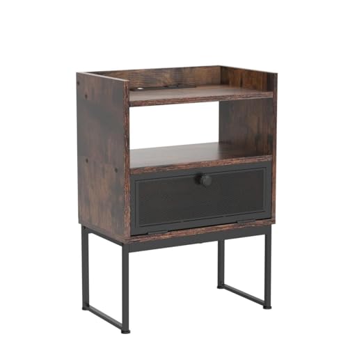 ZEXVIDA Nightstand with Charging Station for Small Space, Record Player Stand, Small End Table Sofa Side Table for Small Place Living Room Bedroom Apartment Reception, Rustic Brown