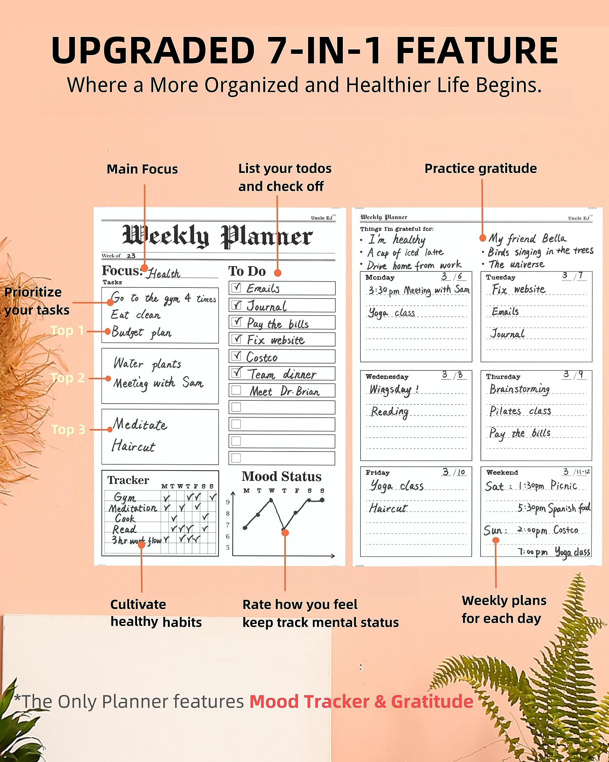 Updated Weekly Planner Magnetic Fridge & Wall, Large Weekly Planner 2023-2024 Dry Erase Sheets, Mood & Habit Tracker Weekly Calendar Pad Tear Off, 60 Pages for Up to One Year Use, 21"x15"
