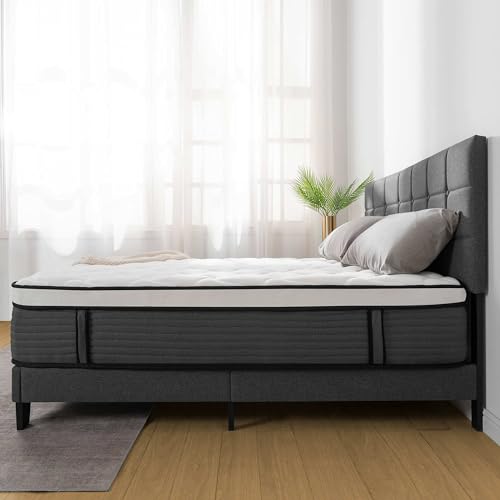 Upholstered Bed Frame Queen, Adjustable Linen Headboard and Solid Wood Slats Support, Heavy Duty Steel Mattress Foundation, Easy Assembly, Noise Free, No Box Spring, Grey