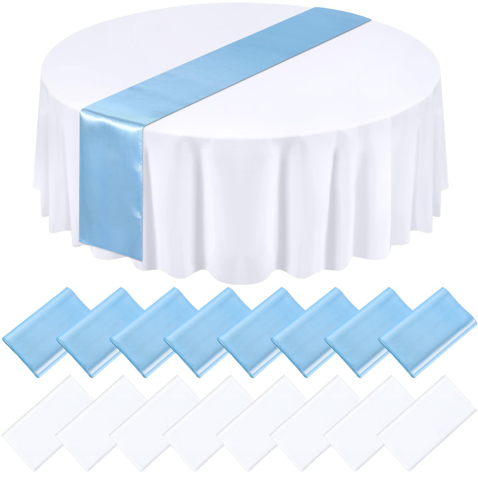 Tudomro 16 Pcs Round Plastic Tablecloth and 12 x 108 Satin Table Runner Set 84" Round Table Covers Circle Plastic Table Cloth for 4th of July Birthday Wedding Party Decoration(White, Light Blue)