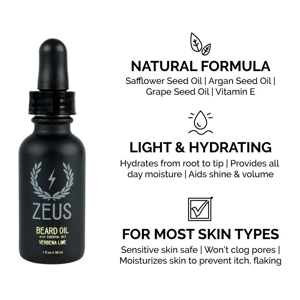 ZEUS Essential Travel Sized Beard Oil Set, Starter Kit, Cleans, Conditions, Moisturizing, Tames Hair, Aides Itchy Skin - Sandalwood