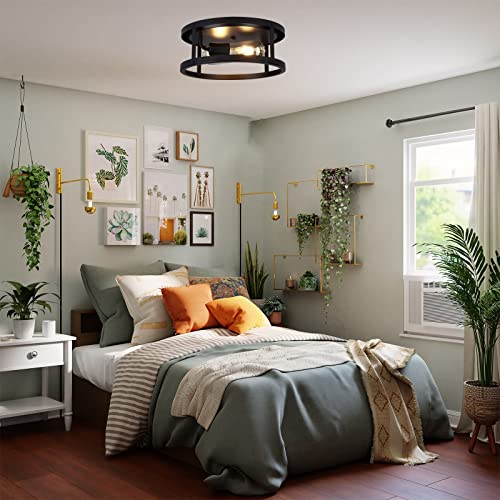 UPSEED 2 Pack Industrial Ceiling Light, 2-Lights Hallway Ceiling Light Fixtures, E26 Base Anti-Corrosion Black Flush Mount Ceiling Light for Hallway Kitchen Dinning Room Laundry Room …