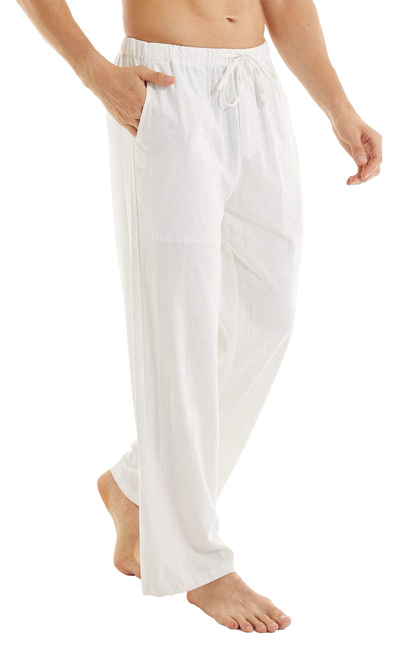YuKaiChen Men's Casual Beach Pants Drawstring Cotton Linen Loose Open Bottom Yoga Trousers Pockets White XXL