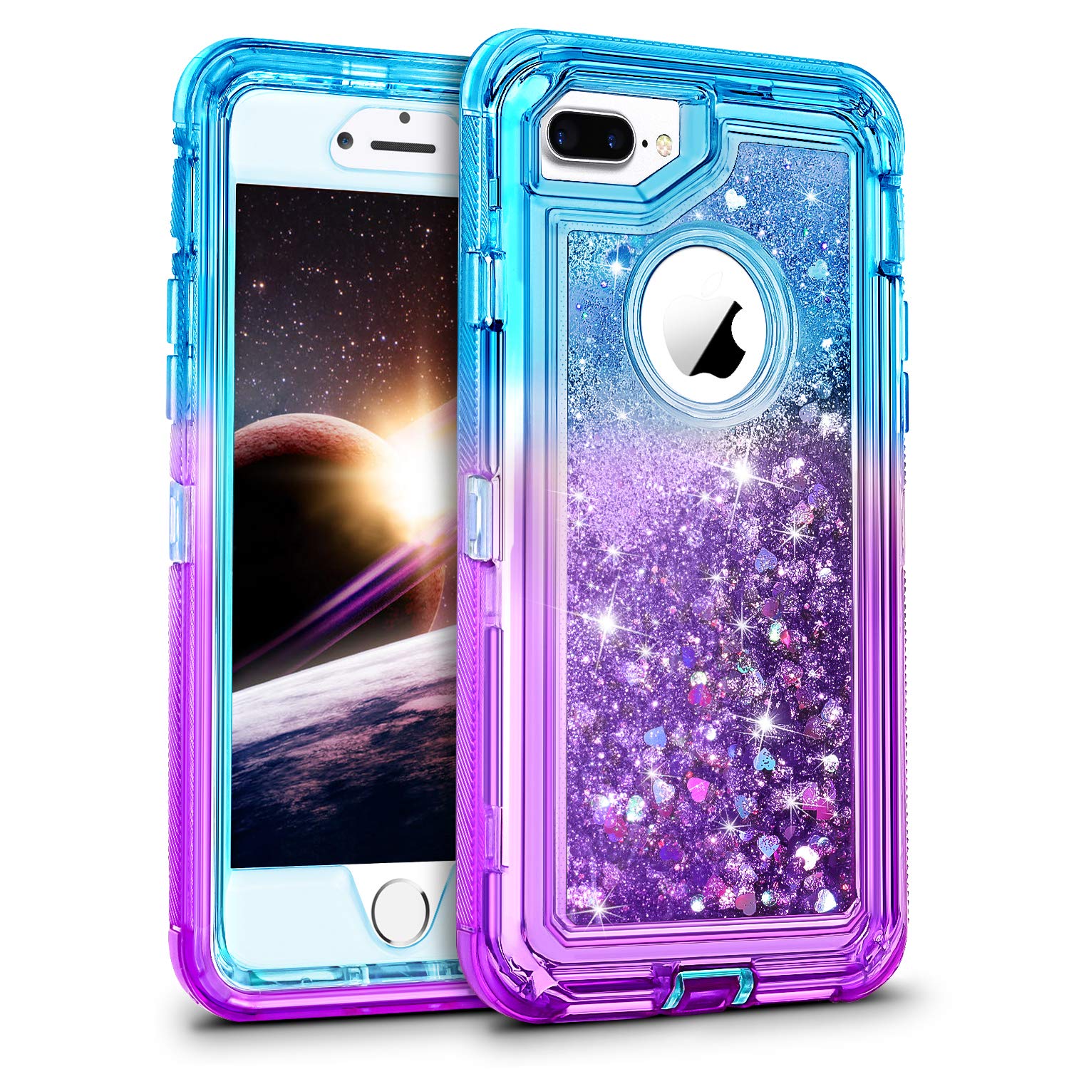 WESADN Case for iPhone 8 Plus Case,iPhone 7 Plus Case for Girls Women Cute Glitter Liquid Protective Bling Heavy Duty Shockproof Gradient Cover for iPhone 8 Plus 7 Plus 6 Plus 6s Plus,Teal Purple