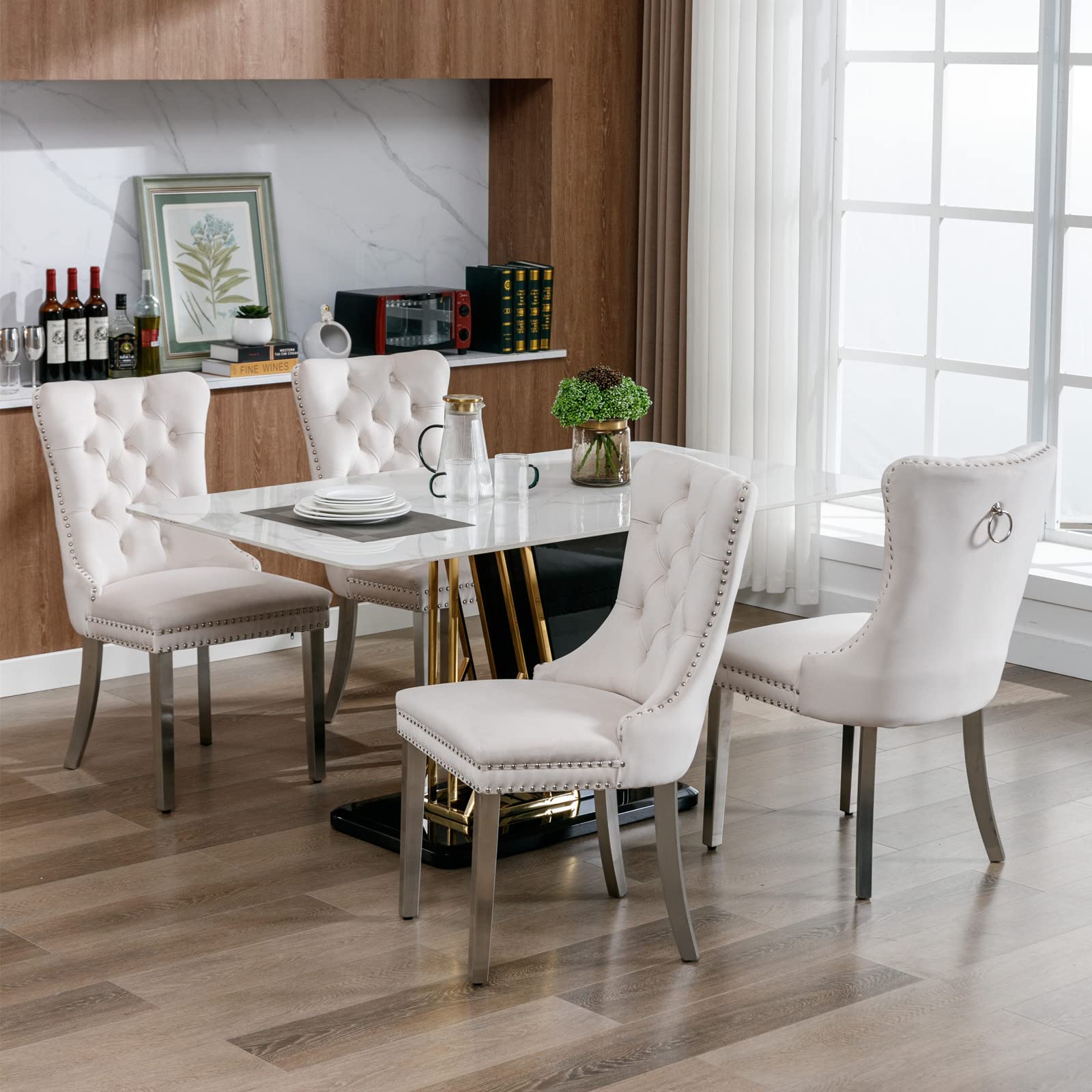 TUNGTAR Parson's Chairs Tufted Solid Wood Velvet Upholstered Dining Chair with Chrome Stainless Steel Plating Legs,Nailhead Trim (Set of 2) (Beige and Chrome, SW1701BG)