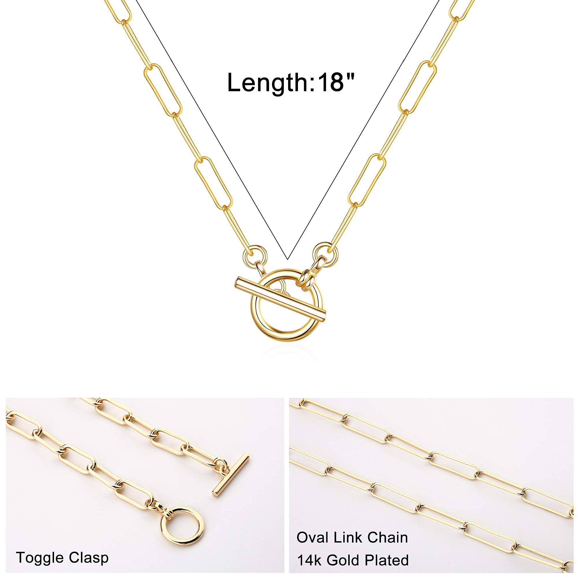 Turandoss Gold Paperclip Chain Necklace, 14K Gold Plated Toggle Clasp Simple Dainty Link Chain Necklace Gold Handmade Choker Oval Link for Women