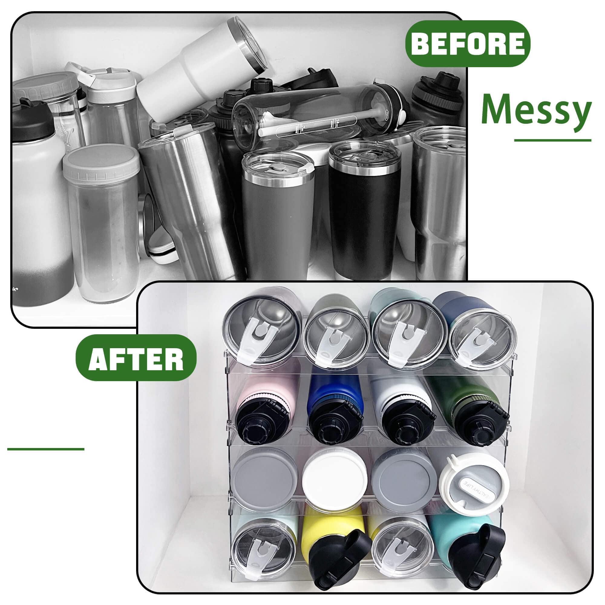 Spaclear 3 Pack Water Bottle Organizer, Stackable Kitchen Home Pantry Organization and Storage Rack, Plastic Water Bottle Holder for Kitchen Cabinet Organizer and Storage, Tumbler Mug Cup Organizer
