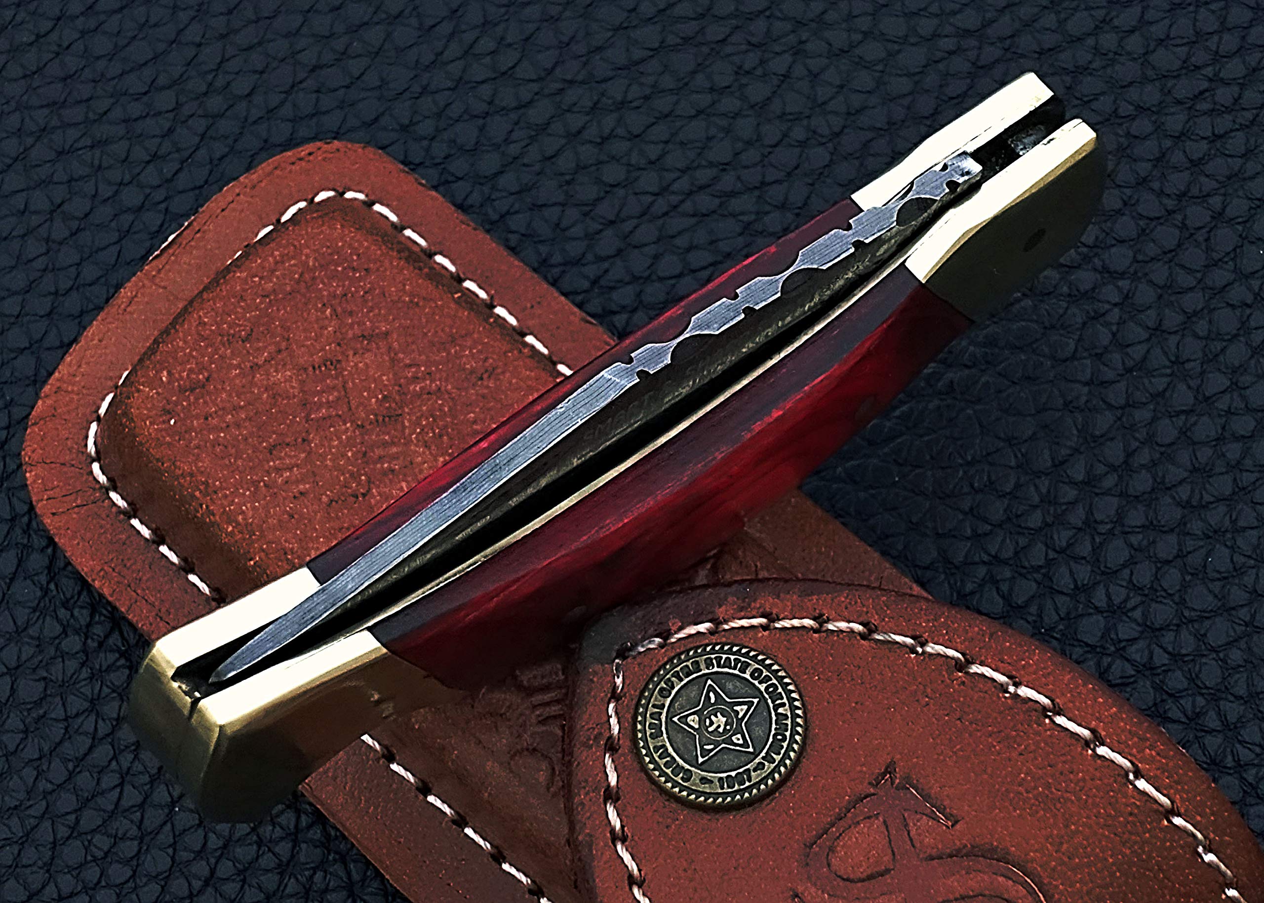 Smart & Sharp Custom Handmade Damascus Steel Folding Knife/Pocket Knife AR-17394 (Red Colored wood) (Red)