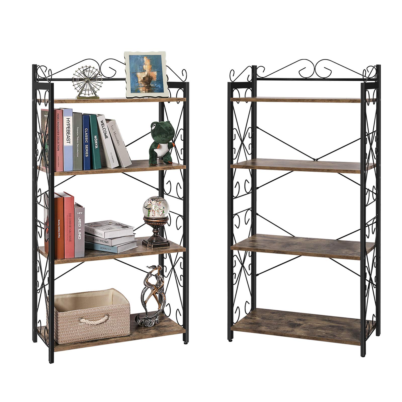 X-cosrack 4 Tier Bookcase Book Shelf wtih 2 Middle Adjustable Shelves, Rustic Industrial Standing Vertiacl Book Rack Holder Stand Storage Organizer Shelf for Livingroom Bedroom Study Office Kitchen