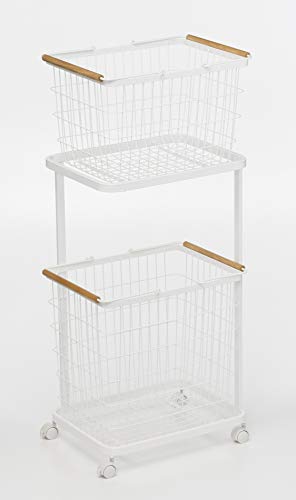 Yamazaki Home Laundry Basket Wagon-Large Storage Hamper Organizer | Steel + Wood | Short | Rolling Carts, White