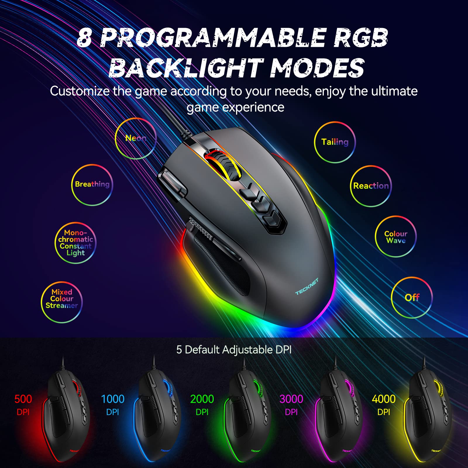 TECKNET Wired Gaming Mouse, Ergonomic Gaming Mouse with 8000DPI, RGB Computer Mice with 11 Programmable Buttons, PC Gaming Mice for Notebook Laptop Mac Book, Fire Button(Ratón de juego)