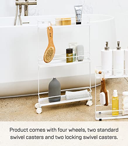 Yamazaki Home Rolling Kitchen Island Three Tier Metal Storage Cart - Portable Organizer Shelves Utility Cart Steel One Size White