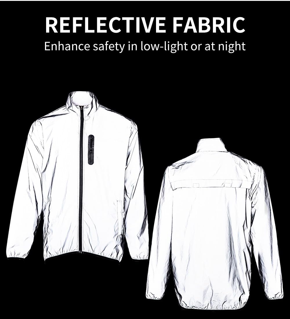WOSAWE Men Reflective Jacket Night Glowing Bomber Jacket MTB Cycling Windbreaker Travel Sport Coat(Silver,M)