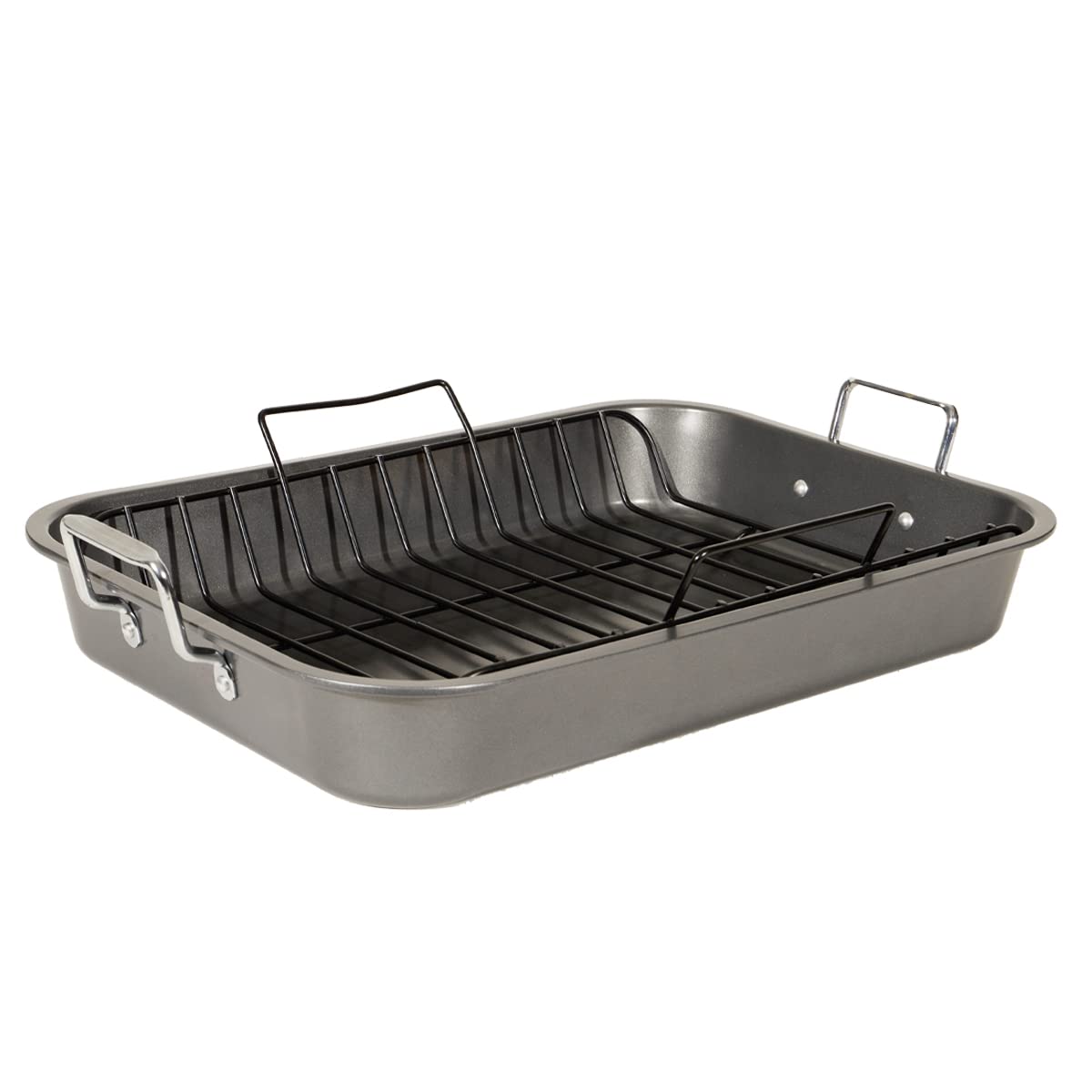 Turkey Roasting Pan With Rack (Grey/Black), By Home Basics | Carbon Steel Non-Stick Pan With Handles | 20" Roaster Great For Ham, Roast Beef, and Prime Rib, Gray, 22"x14.25"
