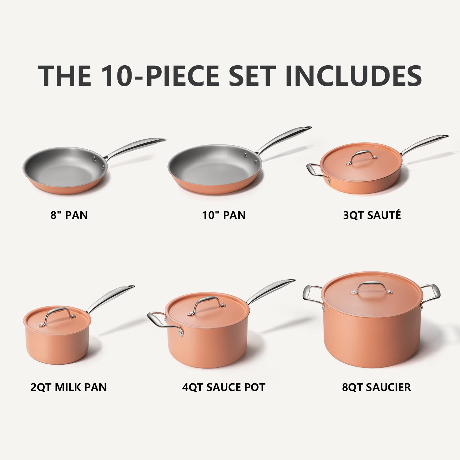 Zivicook Healthy Coating Nonstick 10 Piece Tri-ply Stainless Steel Cookware Pots and Pans Set, Stay-Cool Handle, PFOA-Free, Dishwasher Safe, Oven Safe(Peach)