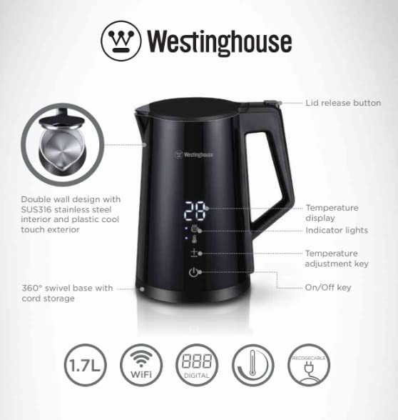 Westinghouse 220 volts Kettle -Smart -Double Wall-Variable Temperature kettle - Stainless steel interior and cool touch exterior 1.7 LIter 220v 240 volt (NOT FOR USE IN USA)