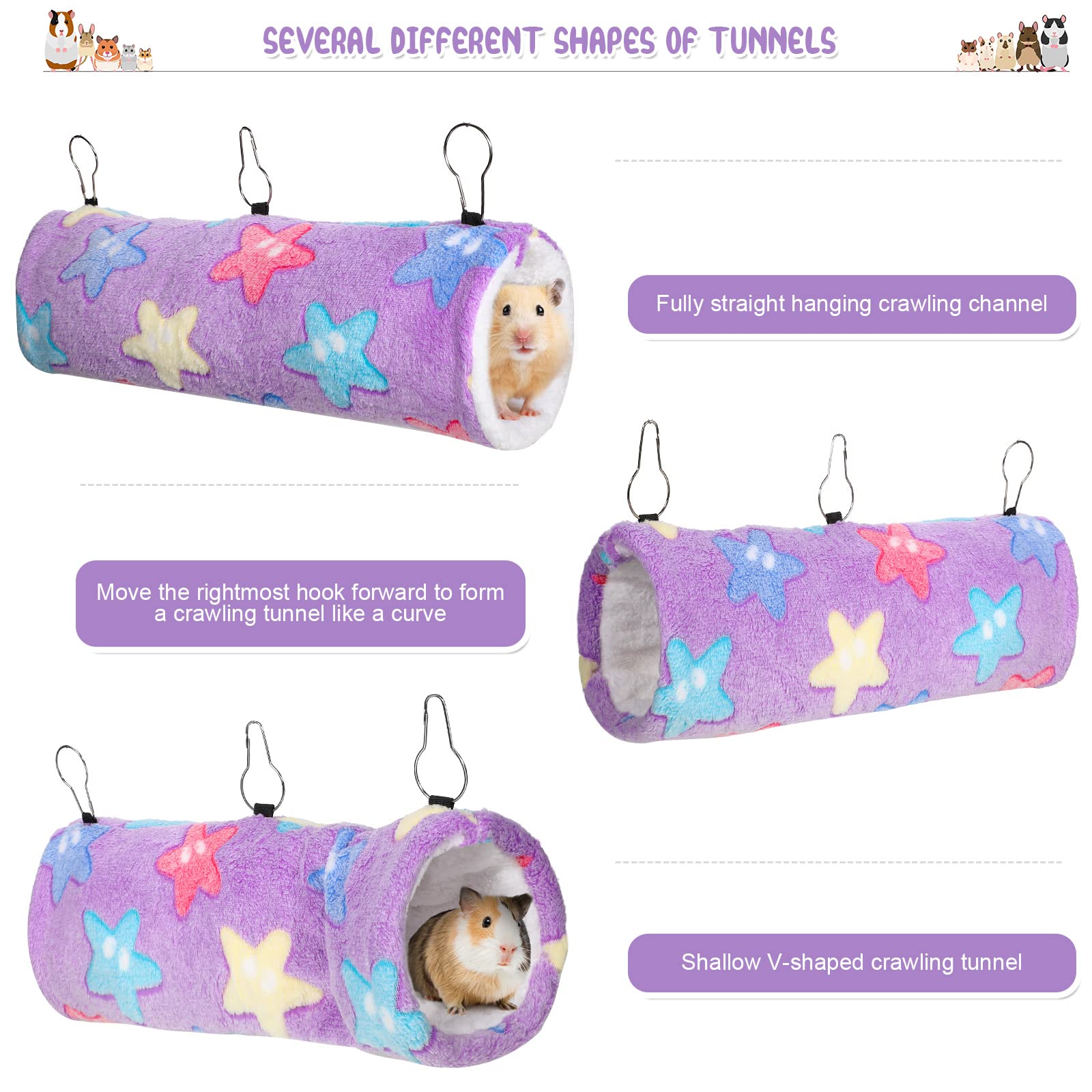 Shappy 2 Pieces Small Pet Cage Hammock Hanging Tunnel for Small Animals Hanging Bed Cage Guinea Hammock Cage Accessories for Ferret Rat Chincilla Hammock Sleeper Cage Accessories Set (Purple, Star)