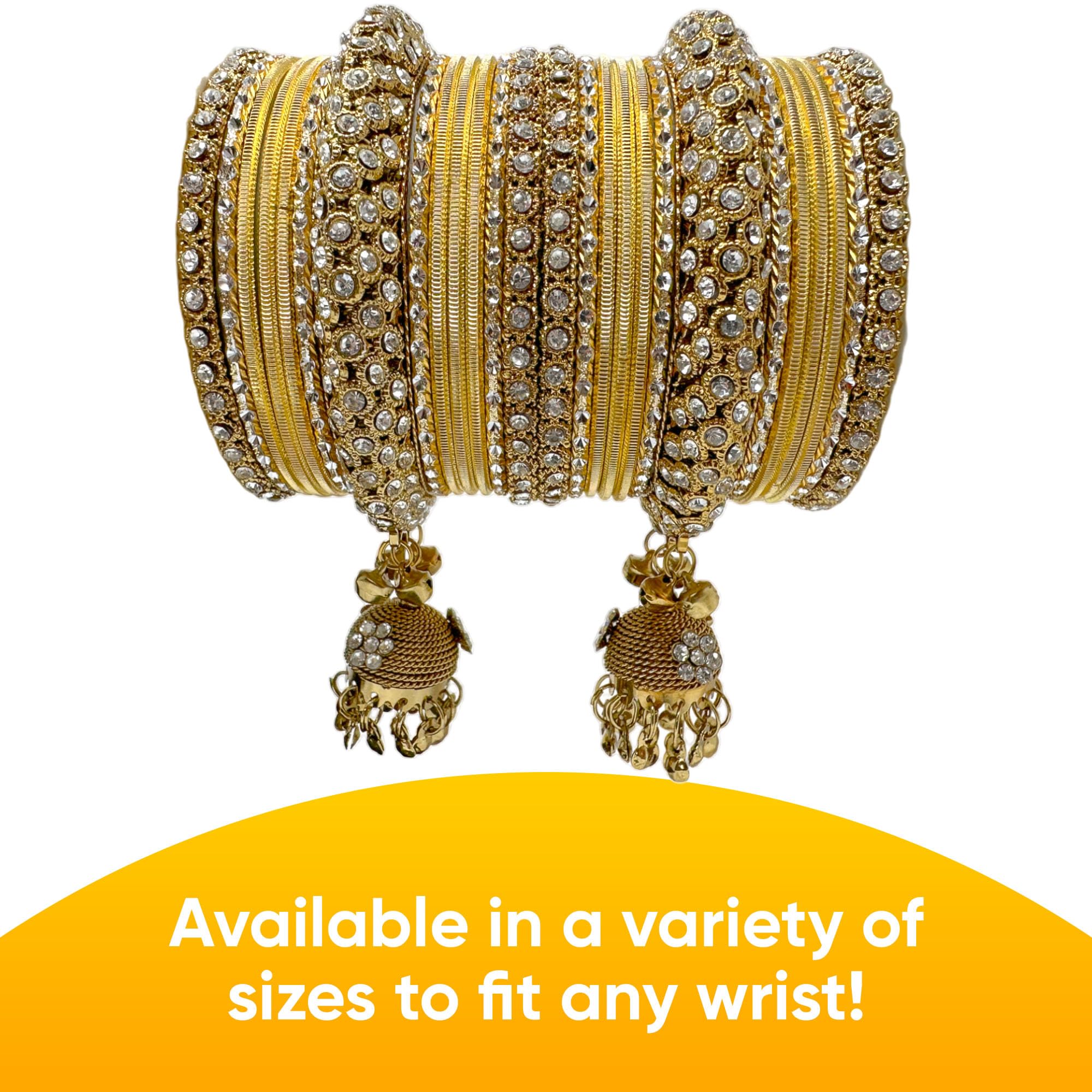 Zenia Creations Indian Bollywood Style Metal Bangle Set with Rhinestones - 26 Piece Bangles Set - with Jhumka, Multiple Sizes, Jewelry Model: 1149 (Gold, 2.8)