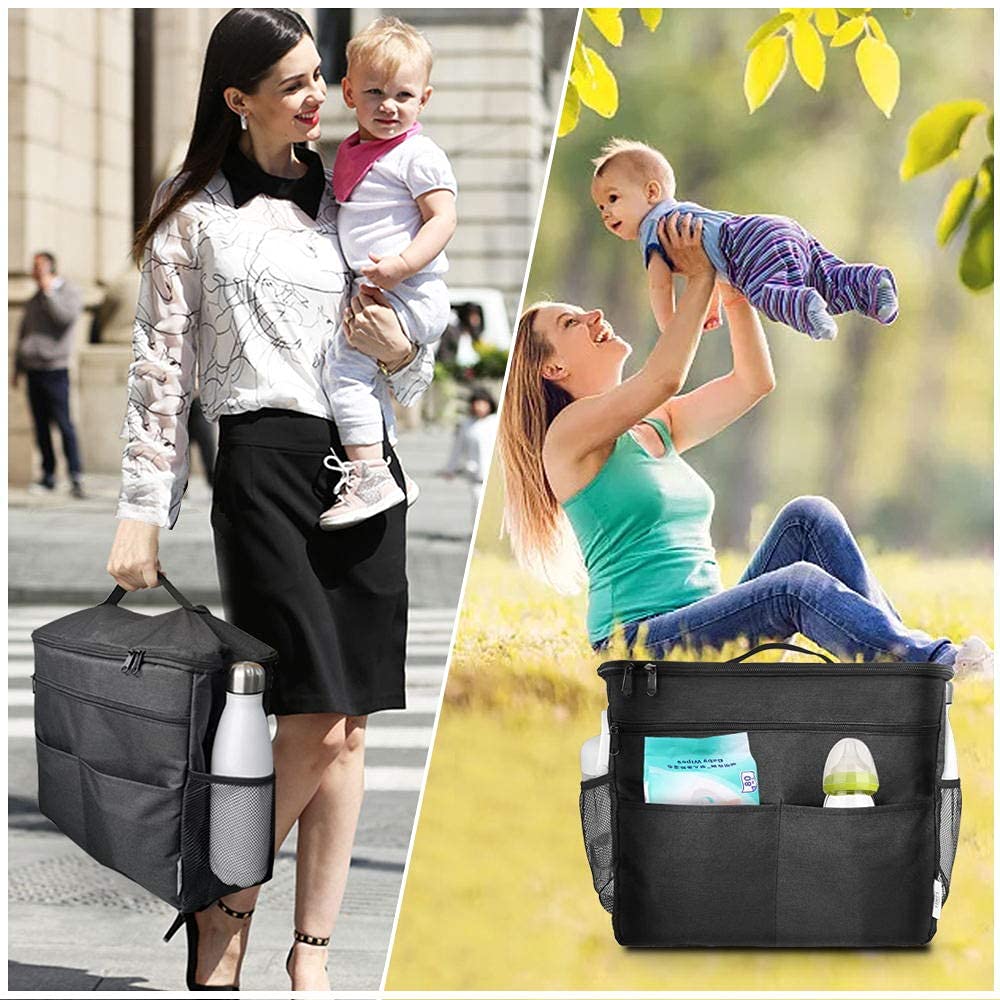 XBERSTAR Parents Organizer Bag,Universal Fit for All Baby Storage Multiple Pockets Zipper,Carrying Bottles,Diapers,Toys and Snacks (Black)
