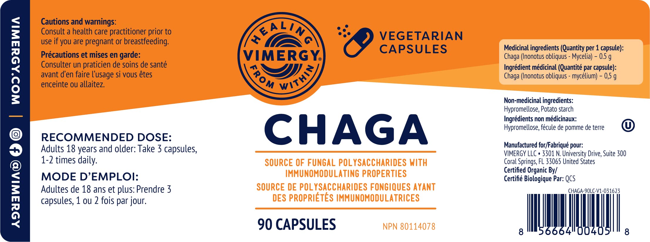 Vimergy Chaga Mushroom Capsules, 30 Servings – Real Mushroom Herbal Supplement for Cardiovascular Support - Kosher, Non-GMO, Gluten-Free, Vegan, Paleo - 100% Pure Chaga with Zero Fillers (90 Count)