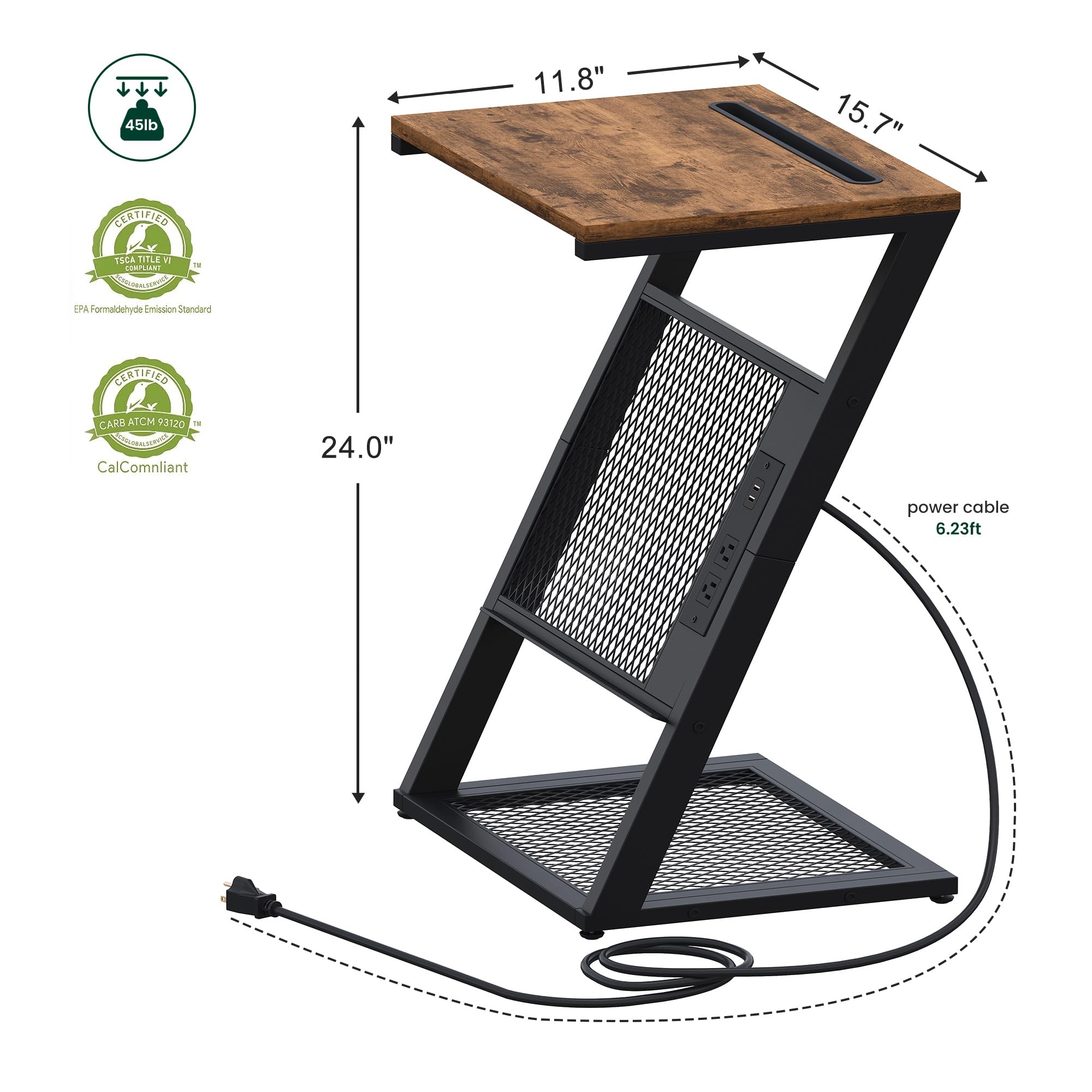 Yifeel End Table with Charging Station, Side Table with Storage Shelf, Bedside Table with Phone Stand, Nightstand for Small Spaces, Living Room, Bedroom, Rustic Brown and Black JET002CSR1