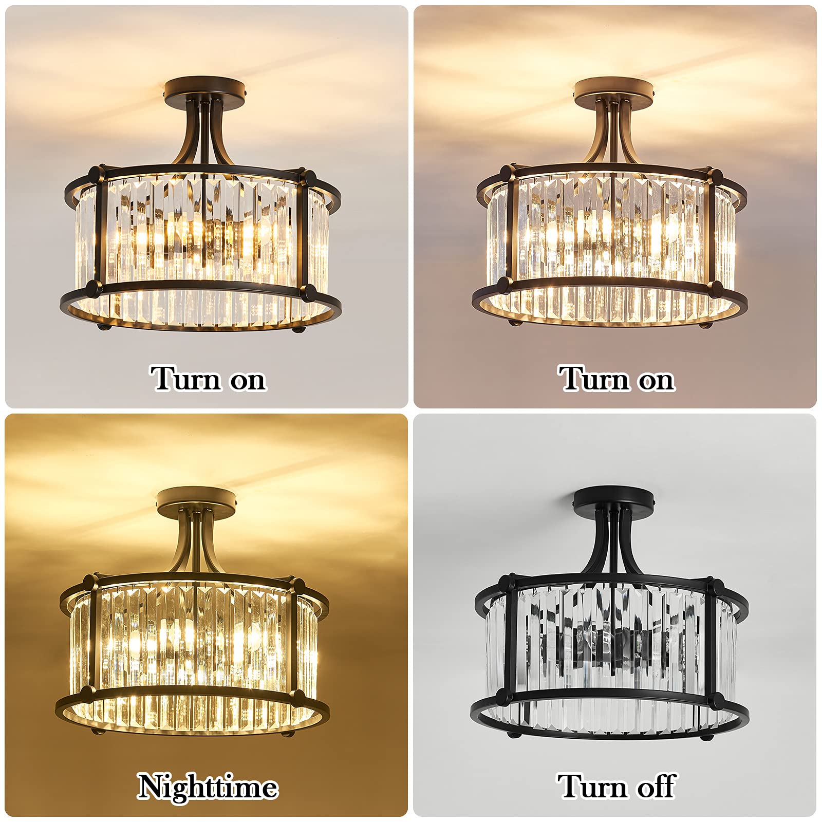 YYJLX 6-Light Black Semi Flush Mount Crystal Chandelier Metal Modern Ceiling Light Fixture Lighting for Living Room Dining Room Kitchen Bedroom Foyer Hallway