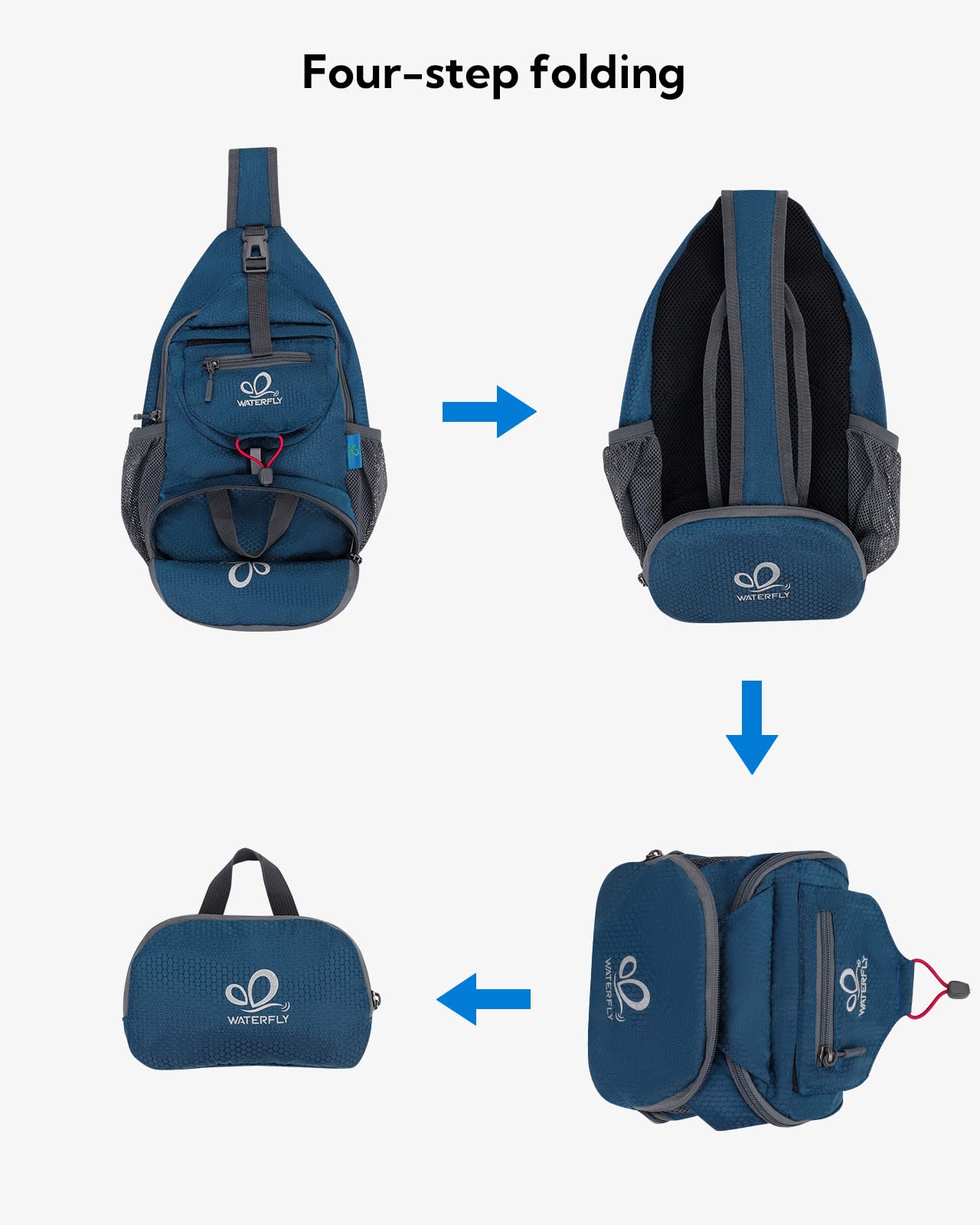 WATERFLY Packable Small Crossbody Sling Backpack Shoulder Chest Bag Daypack for Hiking Traveling Blue