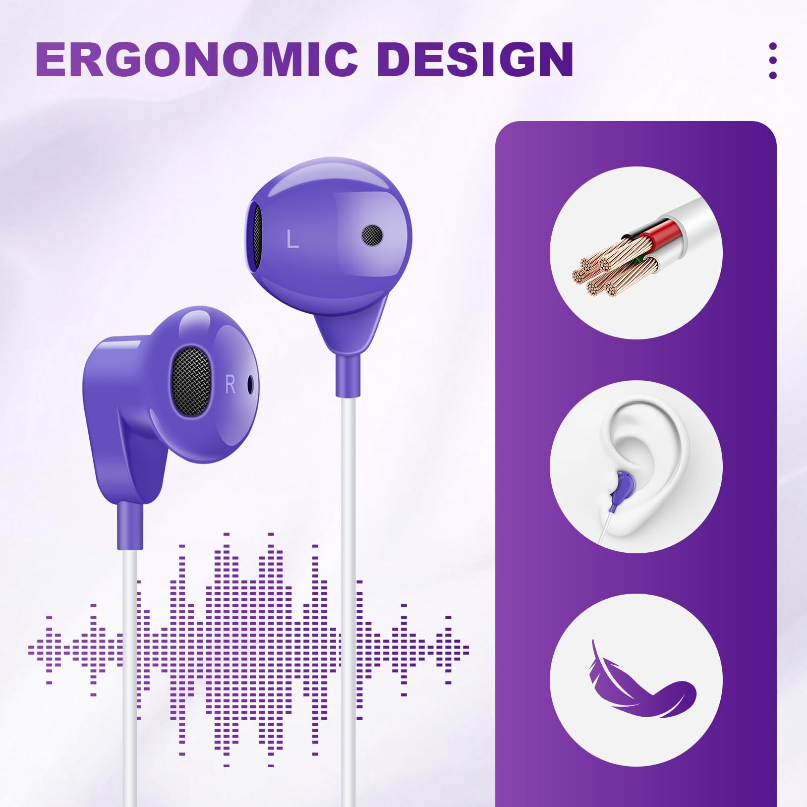 XNMOA Headphones for iPhone with Mic,Semi-in-Ear Wired Earbuds for iPhone 14 with Deep Bass,Compatible with iPhone14 13/12/11/Xr/Xs/Se/X/8/7/Plus Support All iOS System,Purple