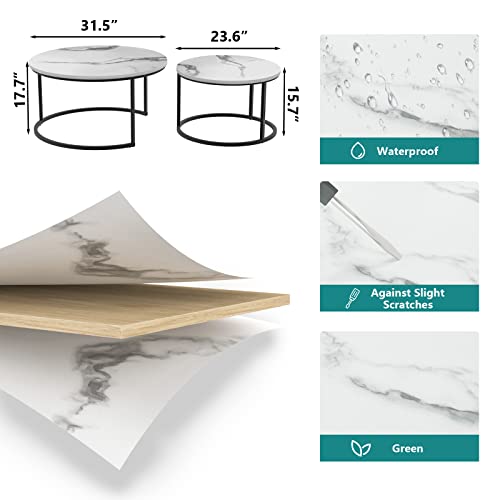 Smuxee White Nesting Coffee Table Set of 2, 31.5" Round Coffee Table Wooden Marble Pattern with Adjustable Non-Slip Feet, Industrial End Table for Living Room Bedroom Balcony