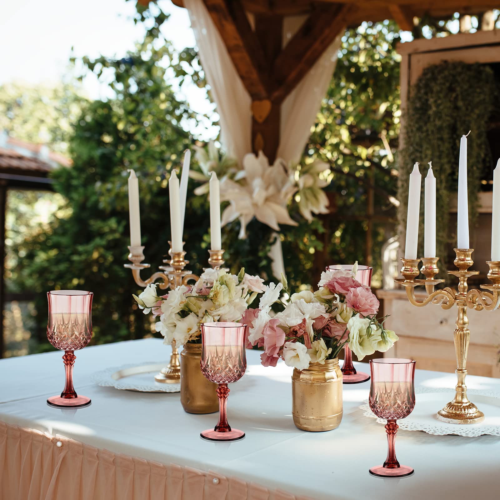 XUWAIDSGN 7oz Plastic Vintage Rose Gold Drinking Glasses Pink Wine Glasses Unbreakable Wedding Glassware Crystal Water Goblets Reusable Drinkware Vintage Champagne Flutes (16, Rose Gold)
