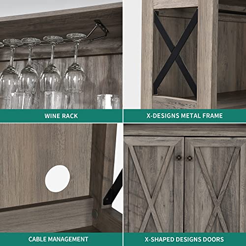 YITAHOME Bar Wine Cooler, 67" Tall Kitchen Storage Cabinet with Wine Rack, Open Storage Shelves, Farmhouse Kitchen Storage Cabinet with Wooden Doors for Living Room, Living Room, Grey Wash