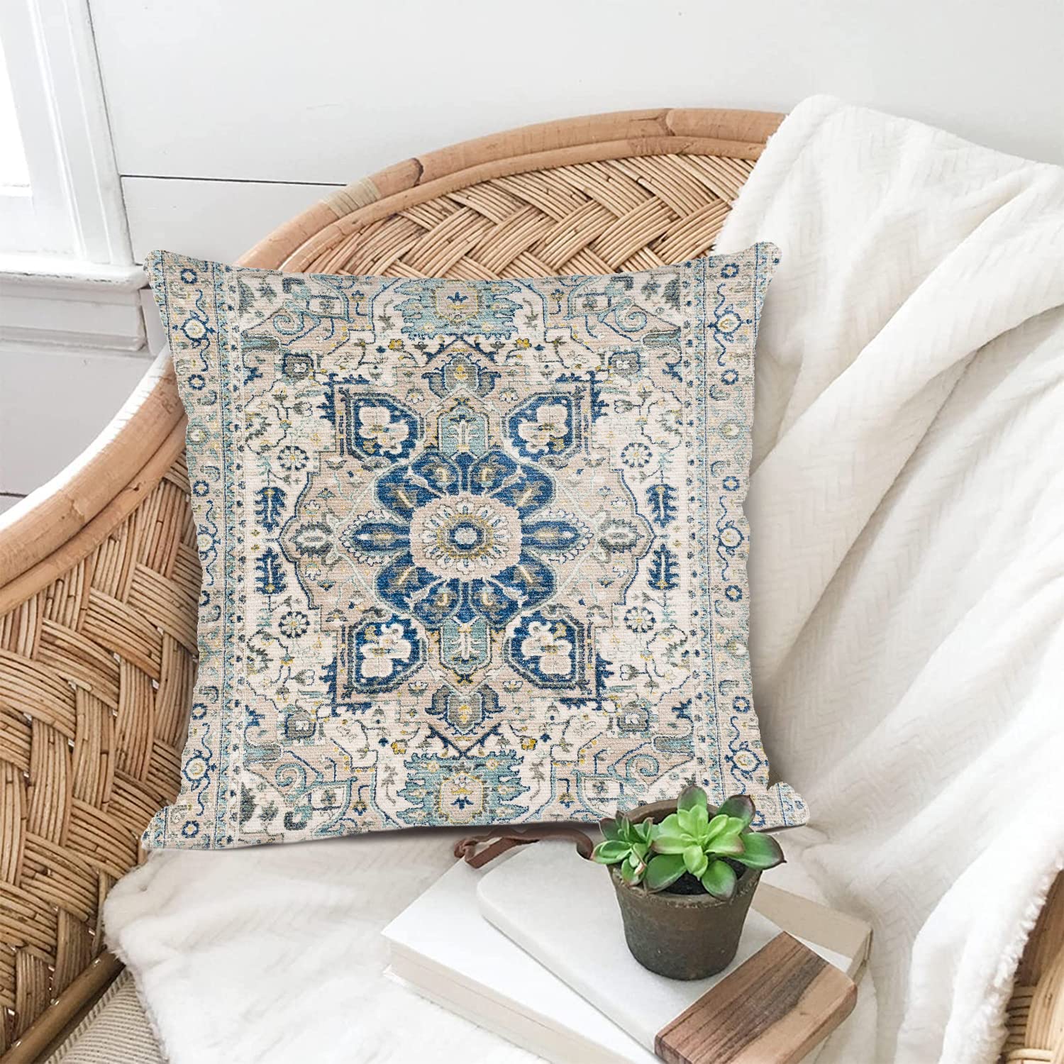 Snycler Blue Boho Style Throw Pillow Cover Ethnic Design Pattern Linen Persian Carpet Tribal Pattern Throw Pillow Case 18x18 inch Cushion Cover Home Office Decorative Square